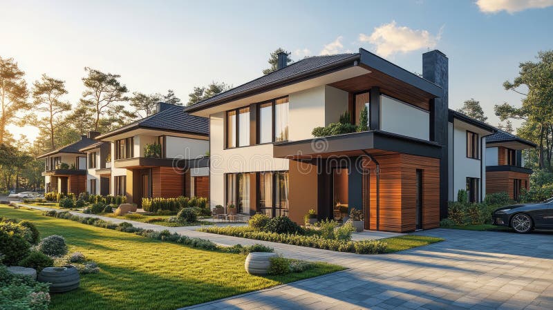 Modern Houses in a Row are Being Illuminated by the Setting Sun Stock ...