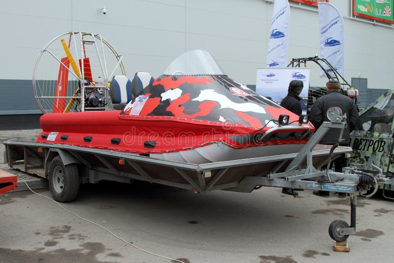 Modern Hovercraft on the Trailer for Transportation. Russia. Per ...