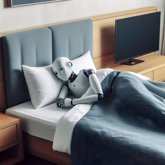 Modern Humanoid Robot Sleeping in a Hotel Room Stock Illustration ...