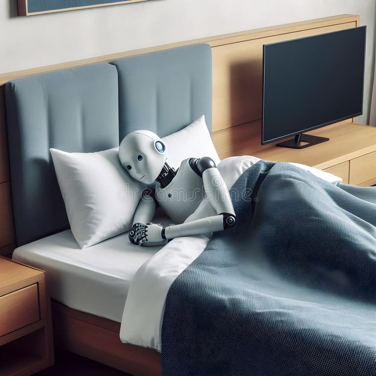 Modern Humanoid Robot Sleeping in a Hotel Room Stock Illustration ...