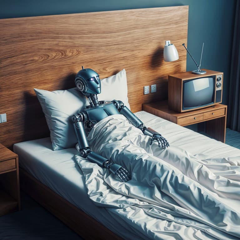Modern Humanoid Robot Sleeping in a Hotel Room Bed Stock Illustration ...