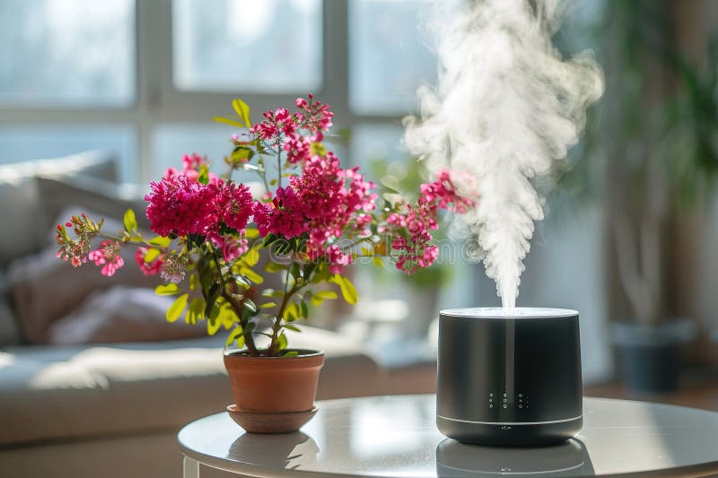 Modern Humidifier and Flowers in Pot on Table in Interior of Living ...