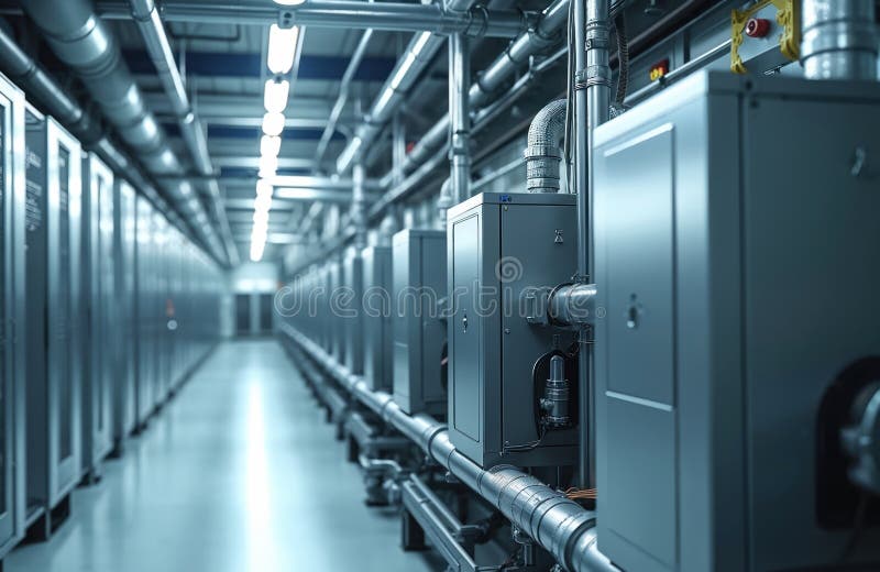 Modern HVAC Systems with Full Automation. Long Row of Industrial ...