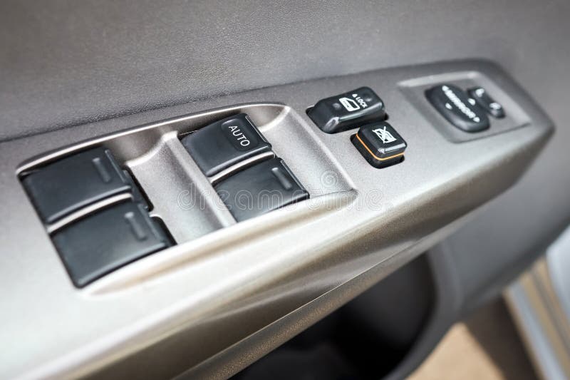 Modern Hybrid Electric Car Closeup Interior Detail. Driver Door Control ...