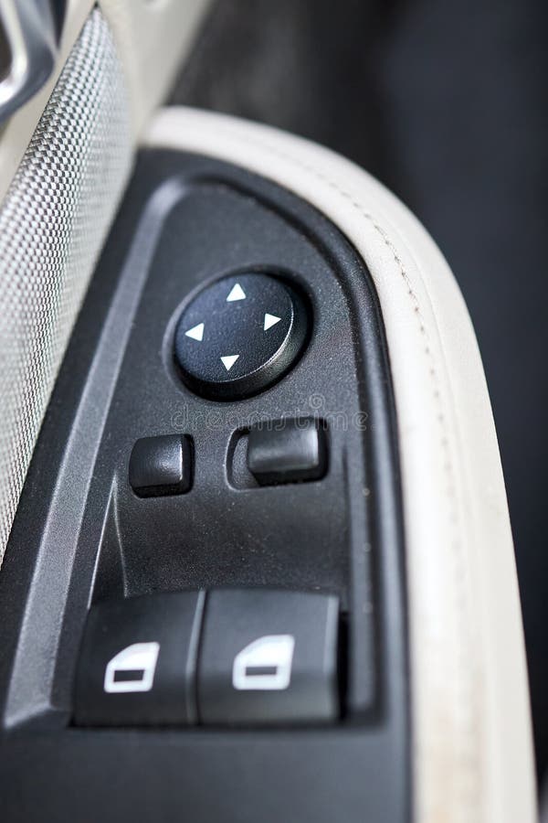 Modern Hybrid Electric Car Closeup Interior Detail. Driver Door Control ...