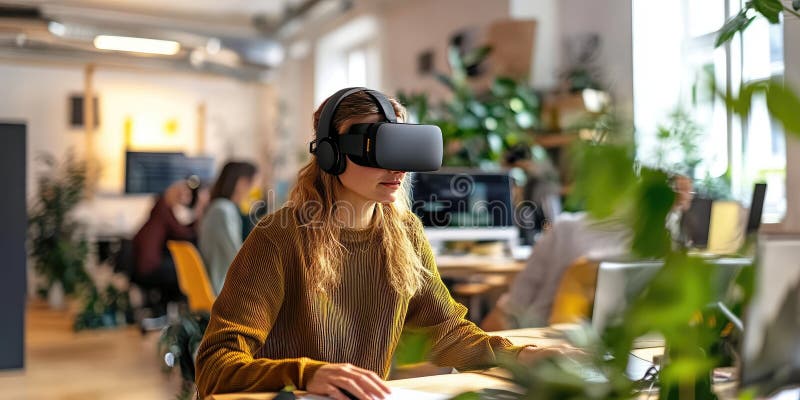 Modern Hybrid Office with Vr Technology and Collaborative Workspace ...