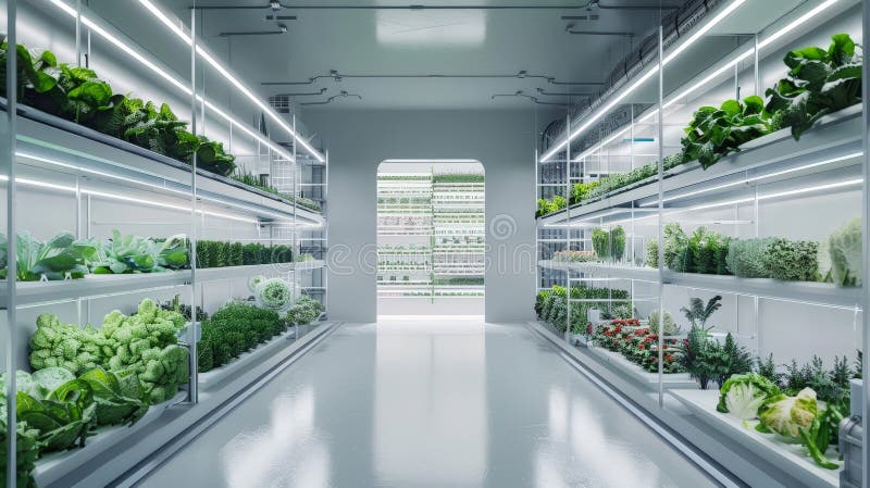 A Modern Hydroponic System Displays Rows of Thriving Plants in a Bright ...