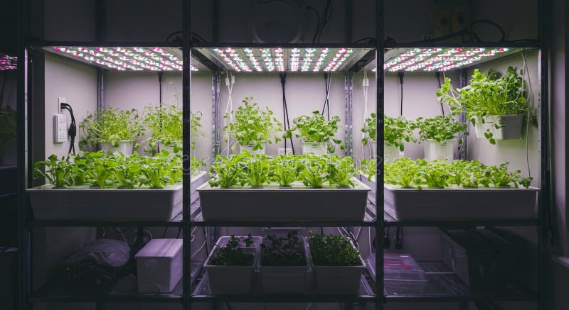 Indoor Hydroponic Garden with LED Grow Lights Stock Illustration ...