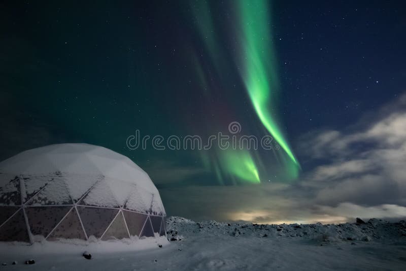 Modern Igloo Structure Illuminated the Northern Lights. Stock ...
