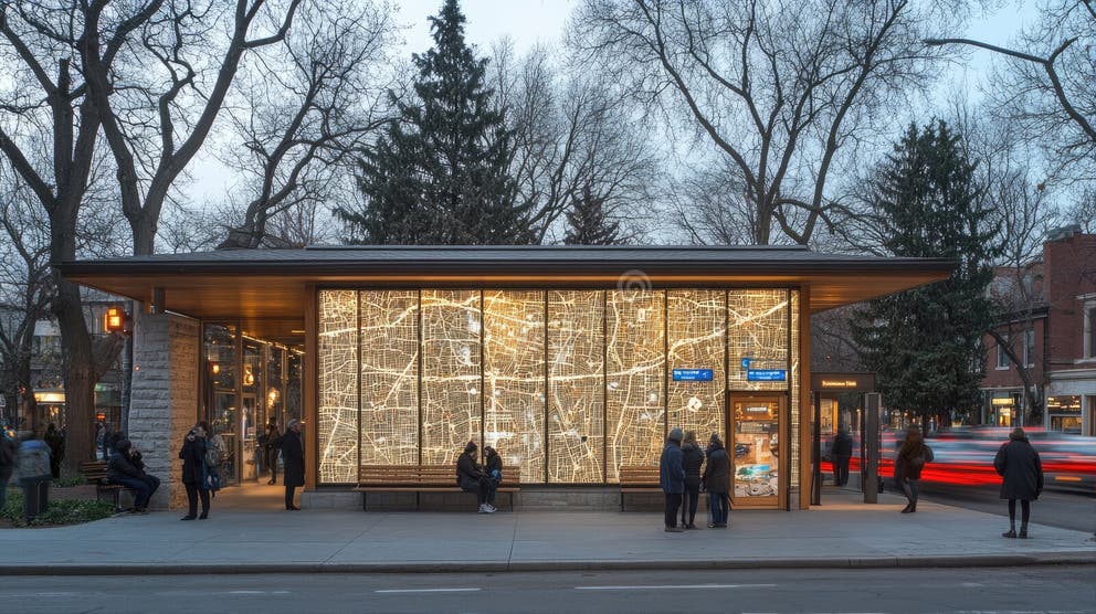 A Modern Illuminated Bus Stop Features an Artistic Map Design, Blending ...