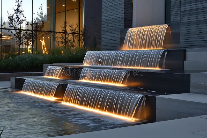 Modern Illuminated Cascading Water Feature at Night Stock Illustration ...