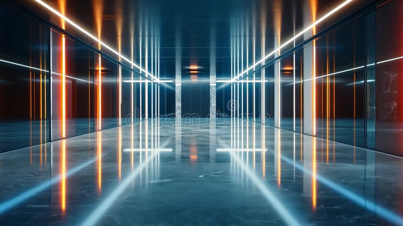 Modern Illuminated Corridor with Reflective Floor and Vibrant Lighting ...