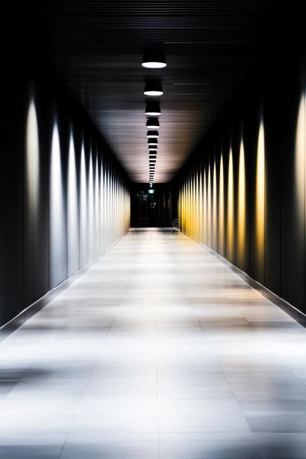 Modern Illuminated Corridor with Symmetrical Design and Atmospheric ...