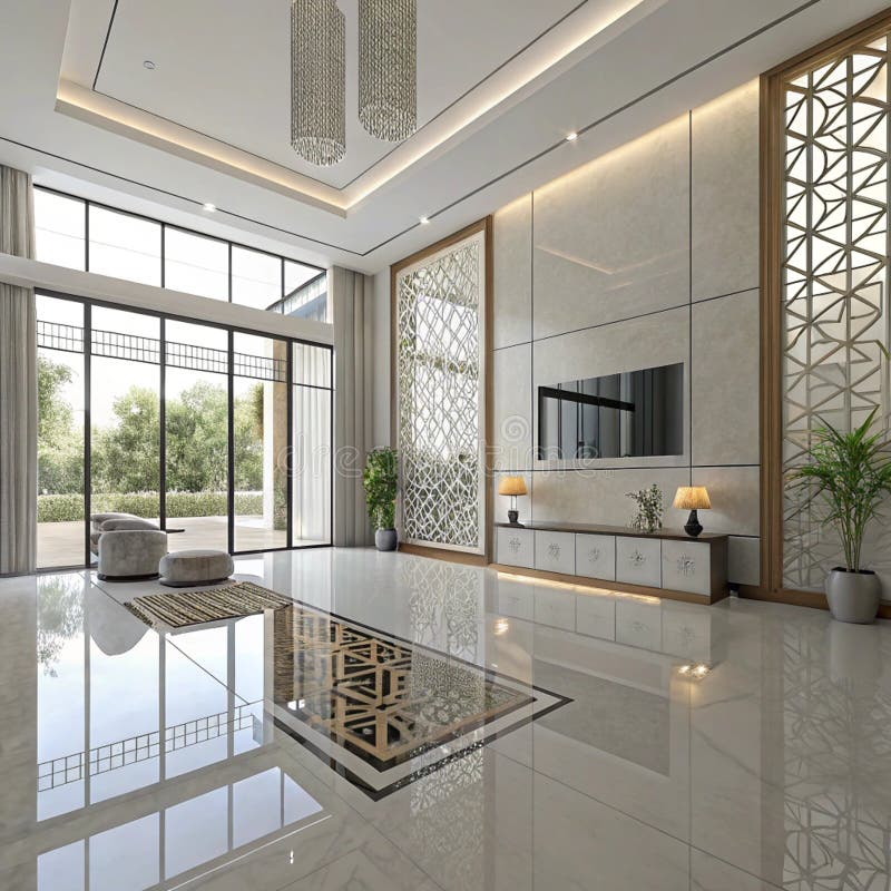 Modern Illuminated Minimalist Interior with Reflective Floor and ...
