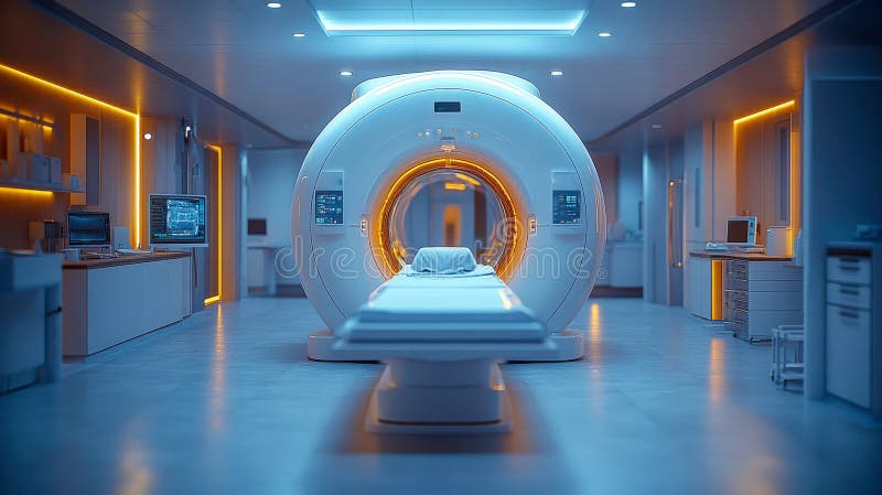 Modern, Illuminated MRI Scanner in a Sleek Medical Room Setting Stock ...