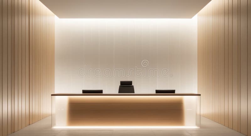 Modern Illuminated Reception Area with Wooden Paneling and a Desk Stock ...