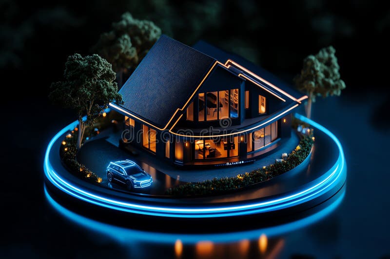 A Modern, Illuminated Smart Home Model with a Car in a Futuristic ... A Modern, Illuminated Smart Home Model with a Car in a Futuristic ...