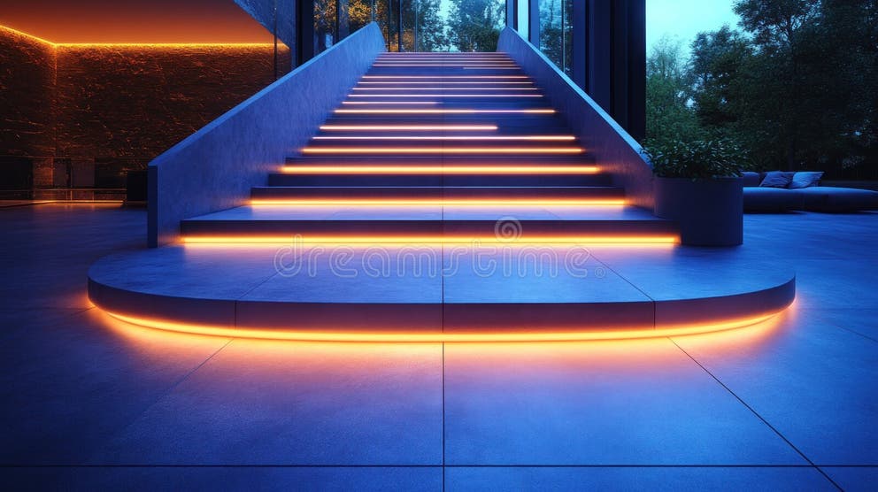 Modern Illuminated Staircase at Night Stock Illustration - Illustration ...
