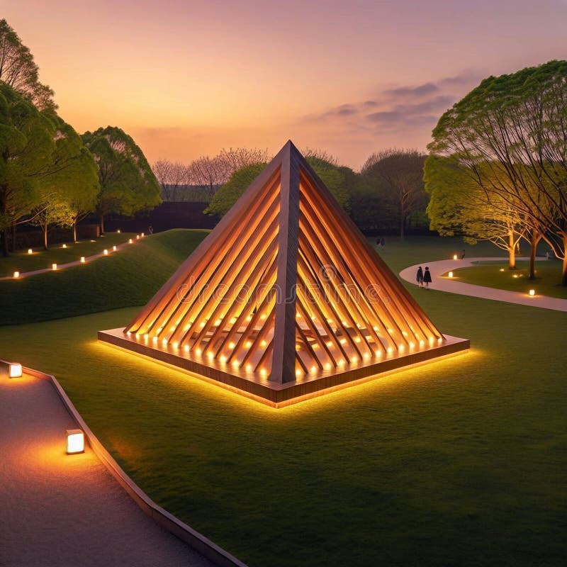 A Modern, Illuminated Wooden Pyramid Structure in a Park Setting at ...