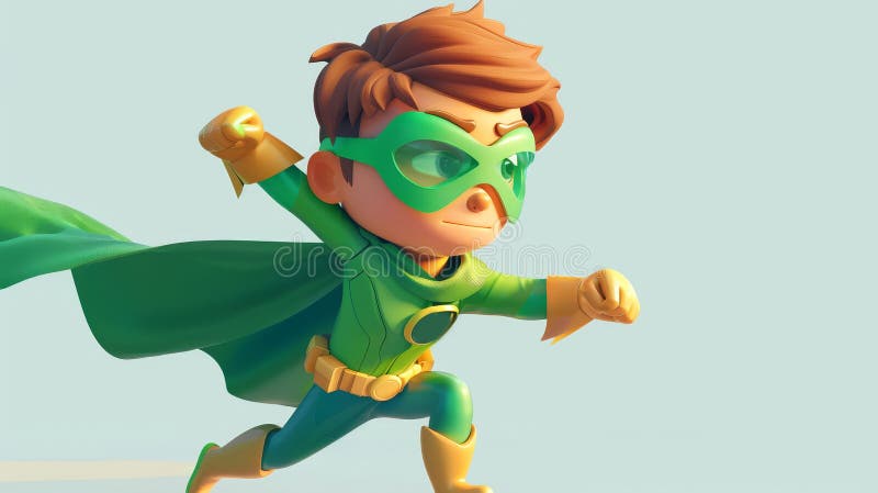 Modern Illustration of a Boy in a Superhero Costume with a Green Coat ...