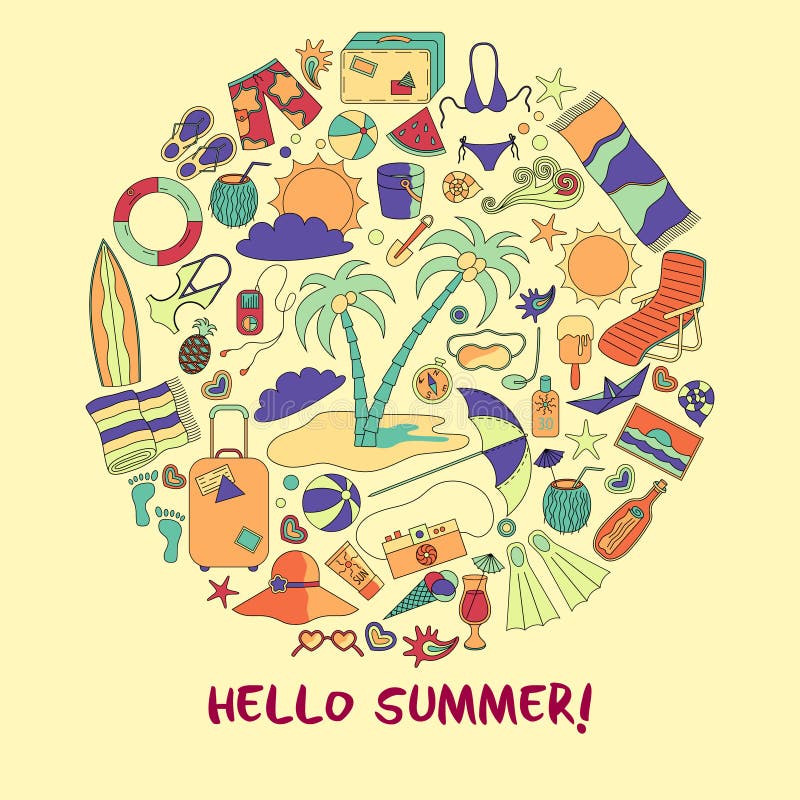 Modern Illustration with Different Summer Vacation Items and Objects ...