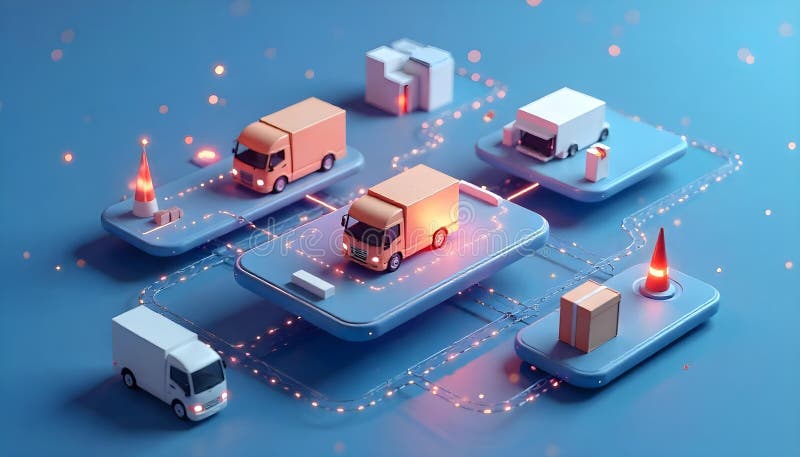 A Modern Illustration of Digital Delivery and Logistics Using Trucks on ...