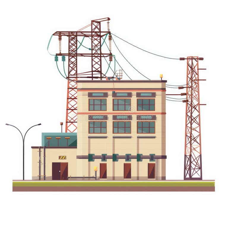 Substation Building Exterior with Power Lines and Transmission Tower ...