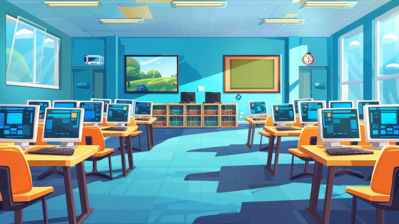 Modern Illustration of an Elementary School Computer Class Room with a ...