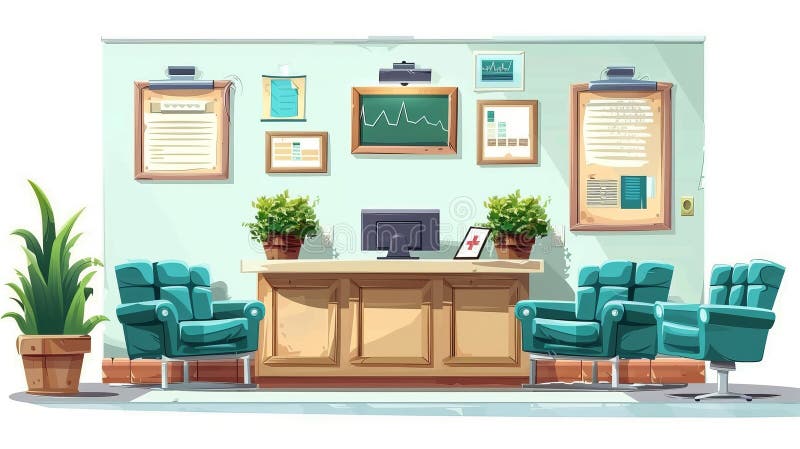 Modern Illustration of Elements of a Hospital Reception Area - Desk ...