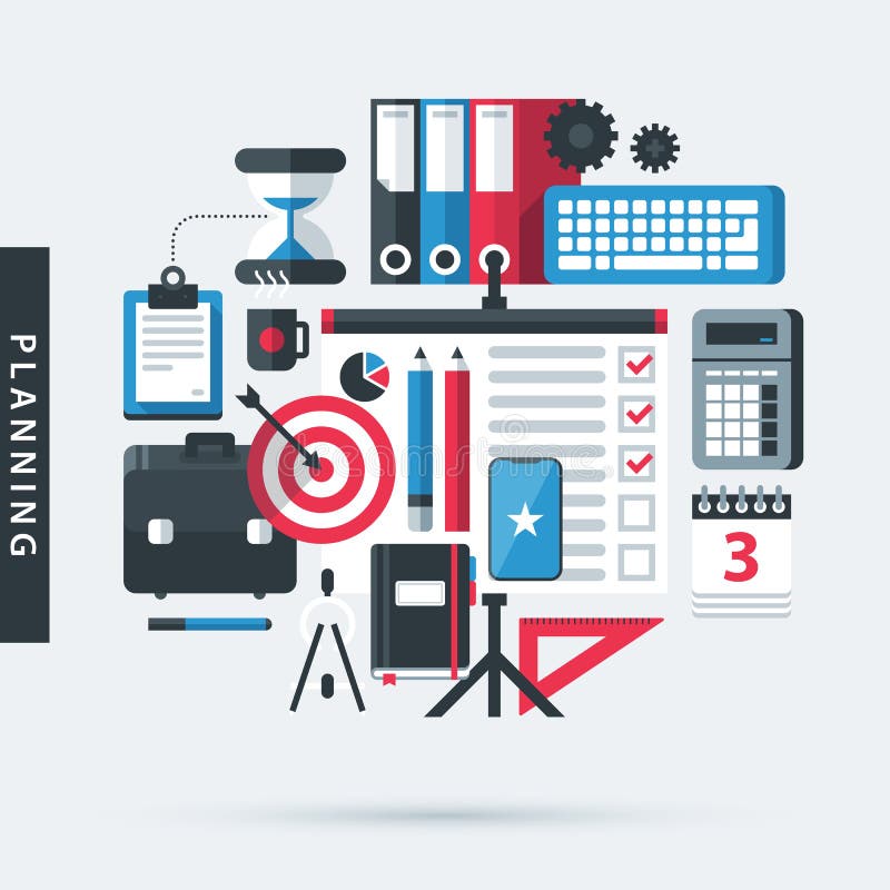 Modern Office Tools in Flat Design Style. Desktop Computer, Bookshelve ...