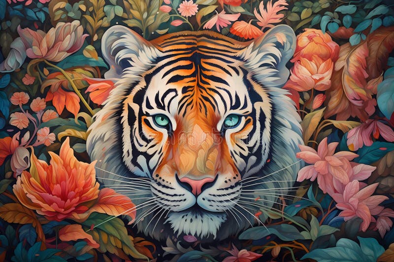 Modern Illustration of a Tiger with Floral Ornaments. Multicolored ...