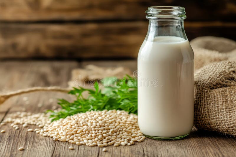 Modern Image of a Bottle of Rice Milk Accompanied by a Pile of Rice ...