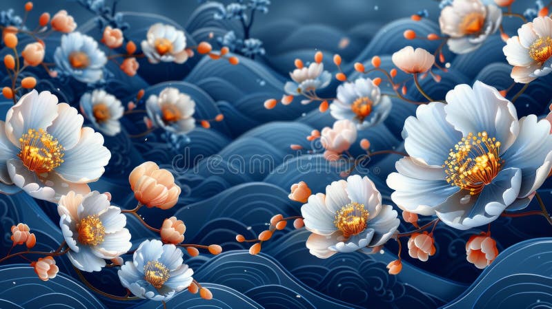 Modern Image of Japanese Cherry Blossom Flower with Wave Pattern. Stock ...