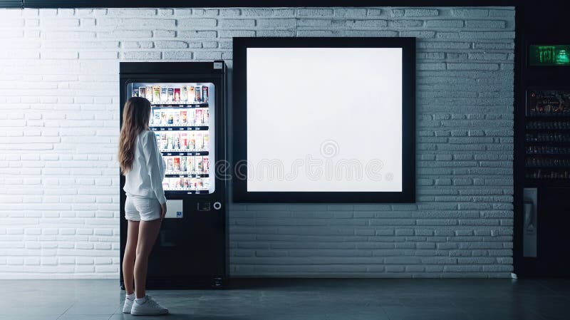 Woman Facing a Vending Machine and Blank Panel in a Modern Setting ...