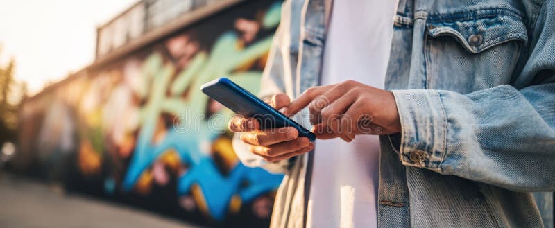 The Modern Individual Using a Smartphone Against a Vibrant Urban Mural ...
