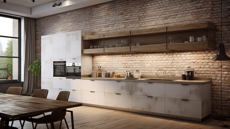 Modern indoor brick wall stock illustration. Illustration of appliances ...