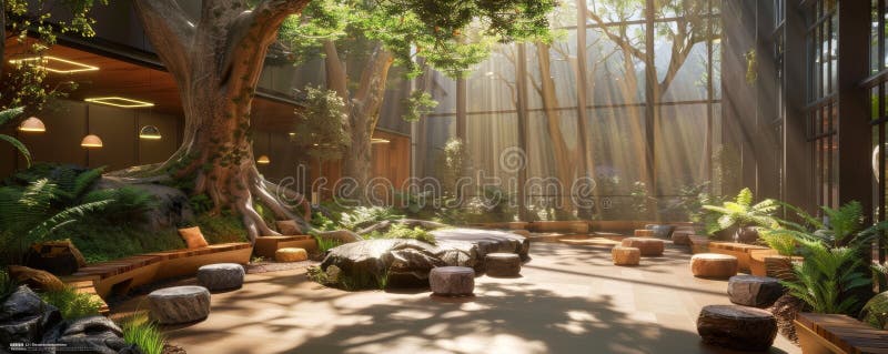 Modern Indoor Forest Lounge with Natural Light and Comfortable Seating ...