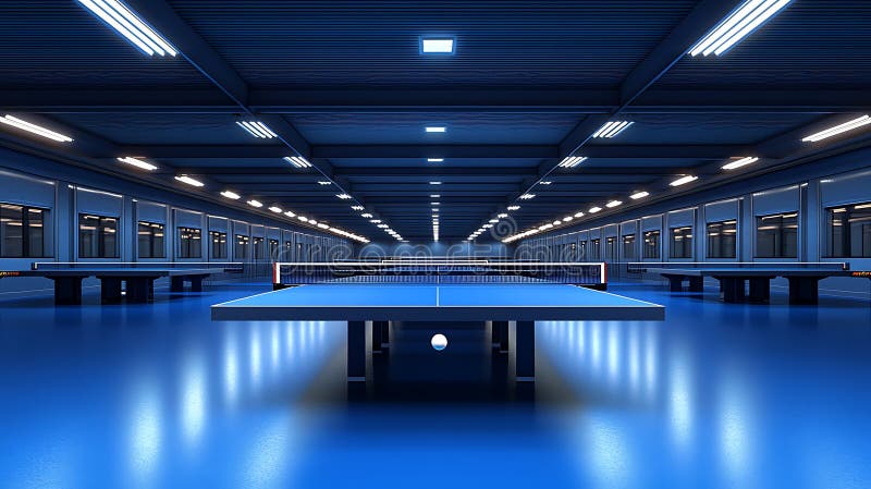 Modern Indoor Ping Pong Hall with Multiple Tables and Blue Lighting ...