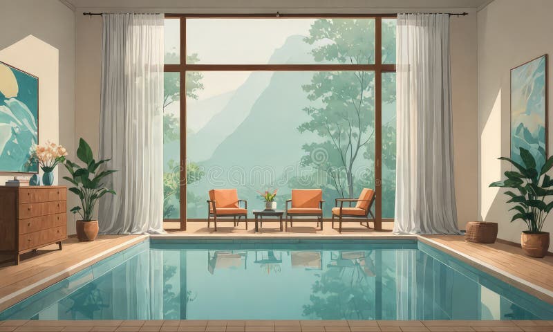 Modern Indoor Pool Area Features Large Window with View Mountain Range ...