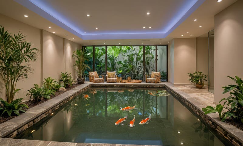 Modern Indoor Pool Area Features Rectangular Pool with Three Koi Fish ...
