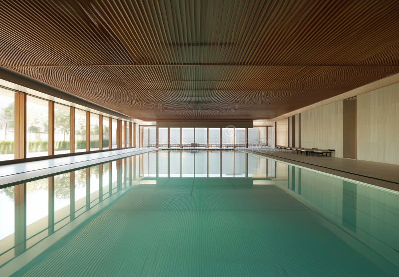 Modern Indoor Pool with Wood Ceiling and Large Windows Overlooking ...