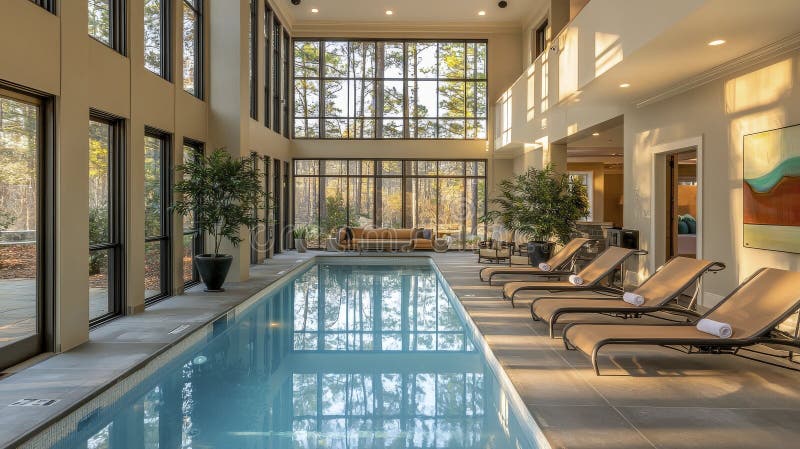 Modern Indoor Pool with Large Sunlit Windows View Stock Illustration ...
