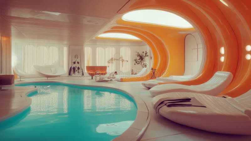 Modern Indoor Pool with Orange and White Curved Walls Stock ...