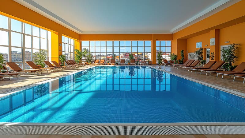 Modern Indoor Pool with Panoramic City Views. Relaxing Amenities Stock ...