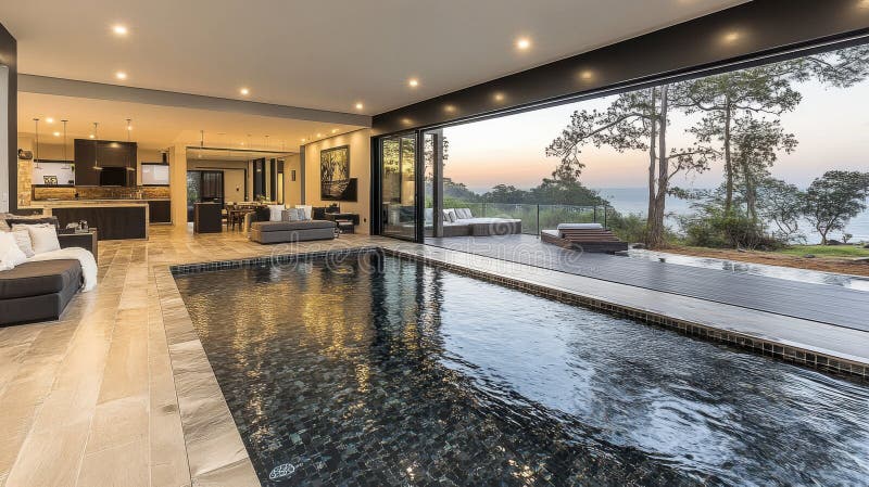 Modern Indoor Pool with Sunset View in Luxury Home Stock Image - Image ...