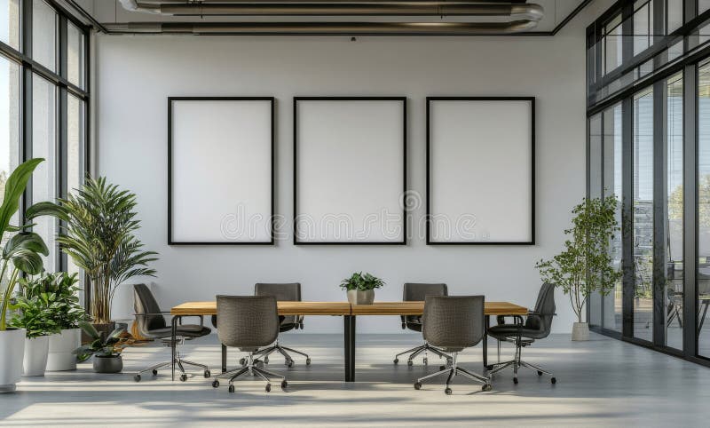 Modern Indoor Seating Area with Plants and Blank Frames in a Spacious ...