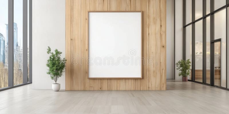 Modern Indoor Setting with Blank Frame for Advertisement on a Wooden ...