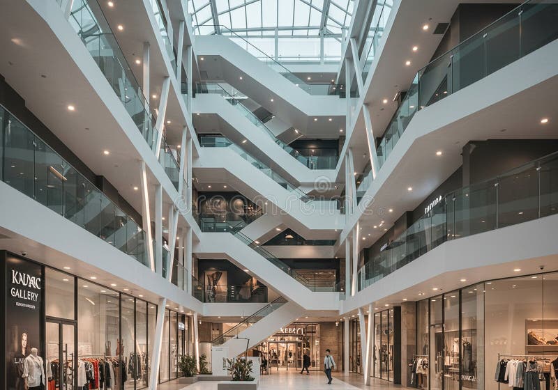 Modern Indoor Shopping Mall with Multiple Levels and Glass Railings ...