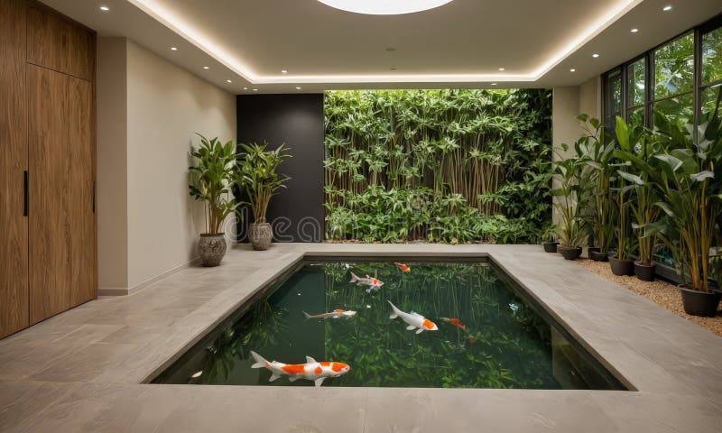 Modern Indoor Space Features Rectangular Pool with Koi Fish Swimming ...