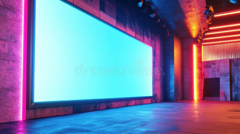 Modern Indoor Stage with Vibrant Neon Lights and a Large Screen Stock ...